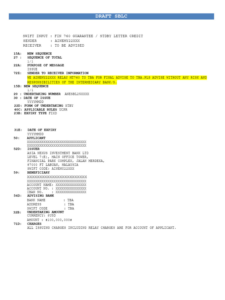 SAMPLE LATEST DRAFT SBLC STANDARD JULY 2 2025 | PDF | Letter Of Credit ...
