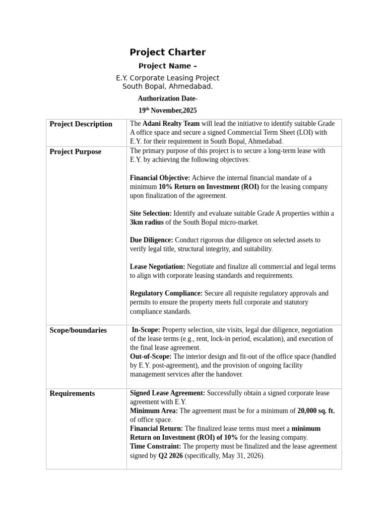 E.Y. Corporate Leasing Project Charter | PDF | Lease | Economies