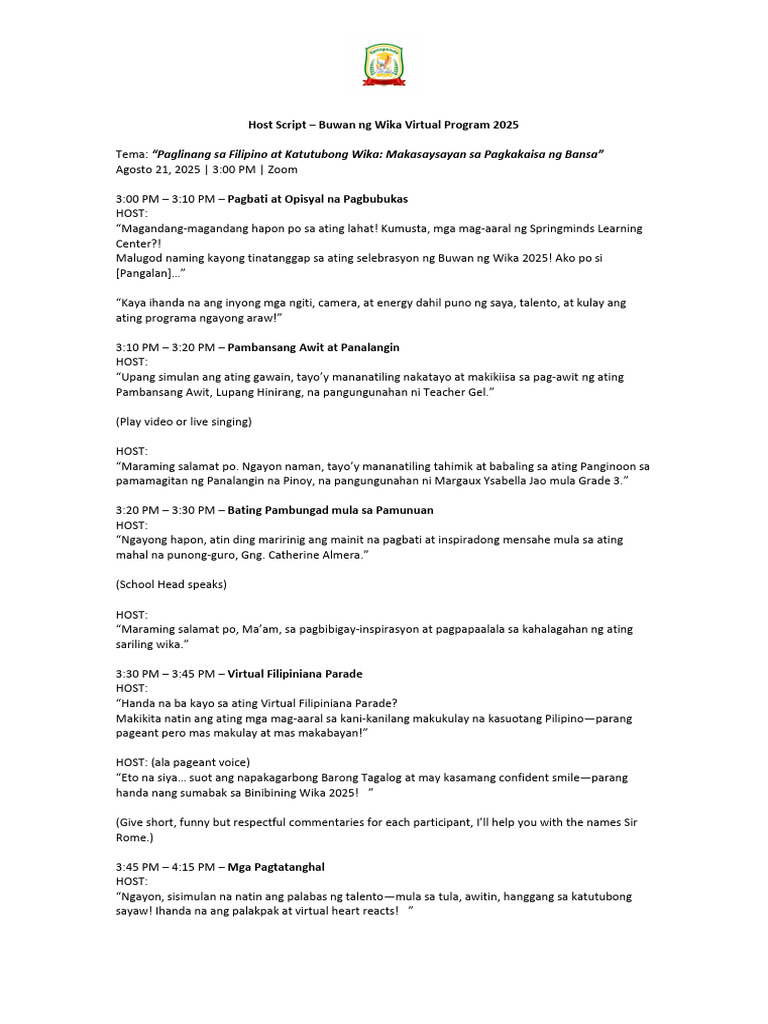 Host Script Buwan NG Wika Virtual Program 2025 | PDF