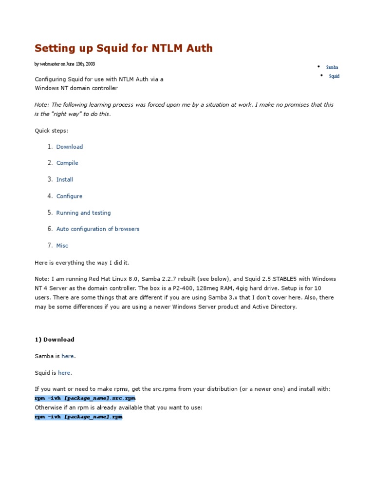 Setting Up Squid For Ntlm Auth Download Free Pdf Proxy Server Internet Architecture