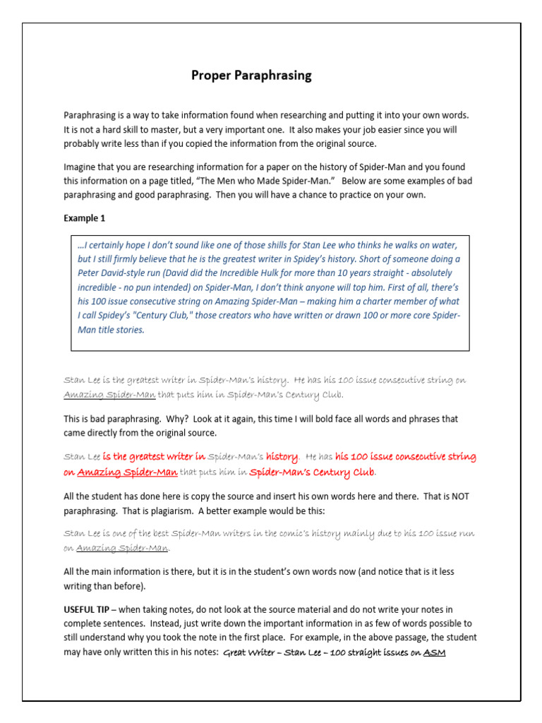 Proper Paraphrasing Handout | PDF | Spider Man | Characters Created
