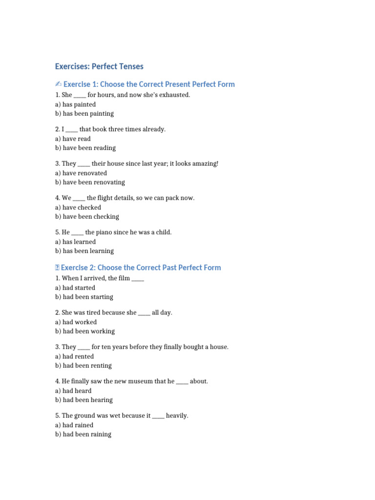 Perfect Tenses Exercises and Answers | PDF