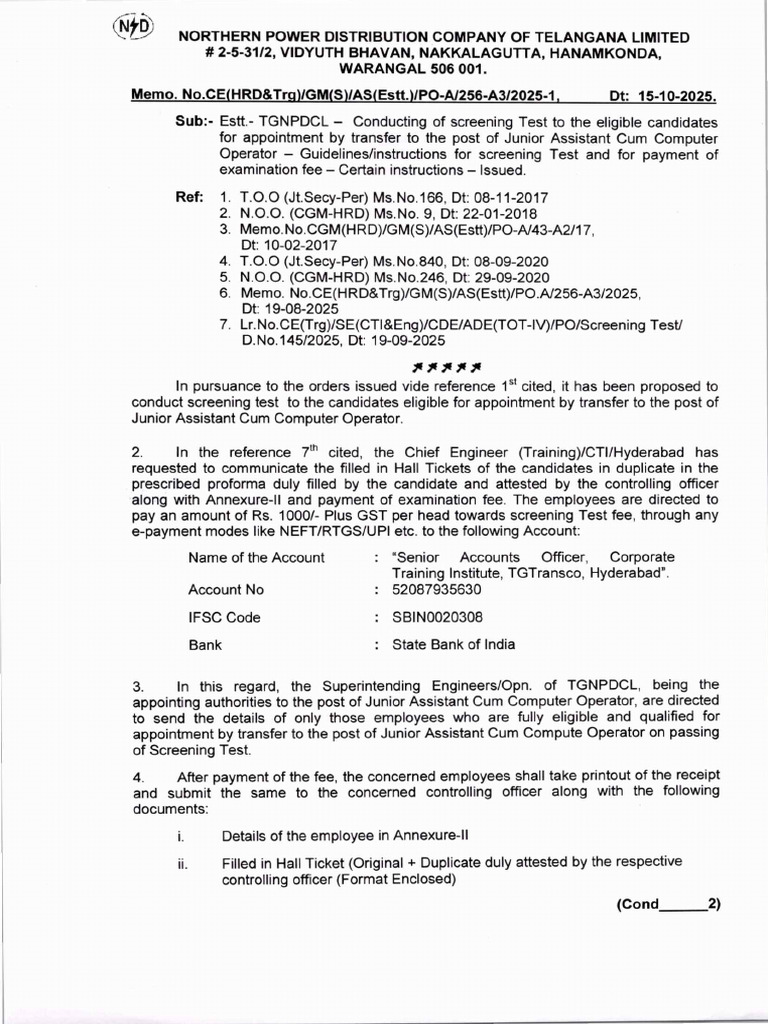 Screening Test Jr. Asst. Instructions, HT Format and Payment Details ...