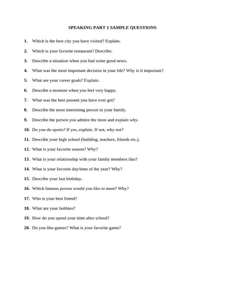 Sample Speaking Part 1 Questions | PDF