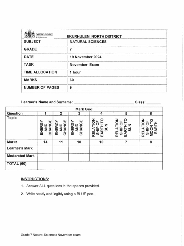NaturalSciencesTestpaperGrade7Nov2024 | PDF