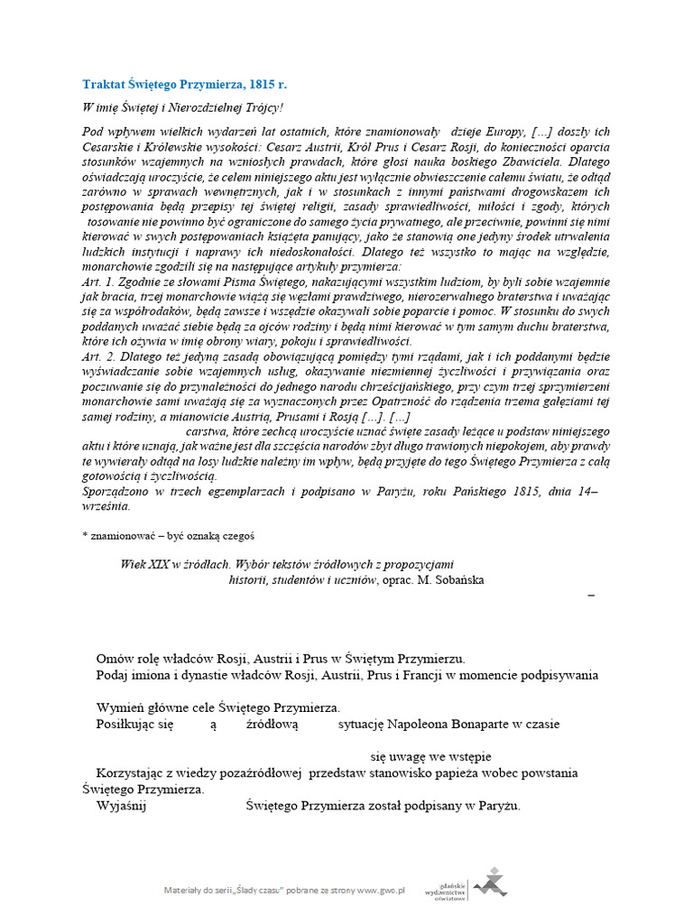 Rozdzial 1 Praca z Tekstem Traktat Swietego Przymierza Kl 3 | PDF