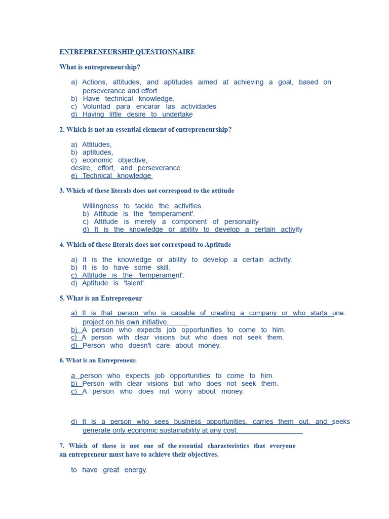 Entrepreneurship Questionnaire | PDF | Entrepreneurship | Knowledge
