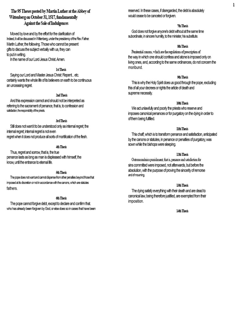 95 Theses of Martin Luther | PDF | Martin Luther | Indulgence