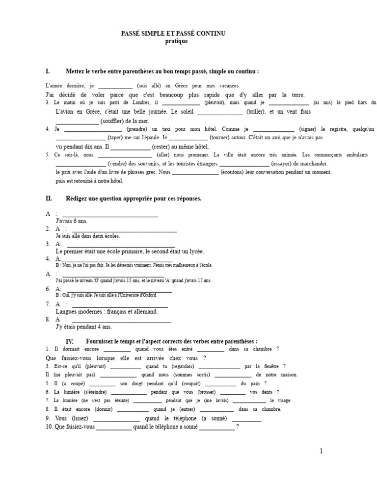 Passé Simple et Passé Continu : Exercices | PDF