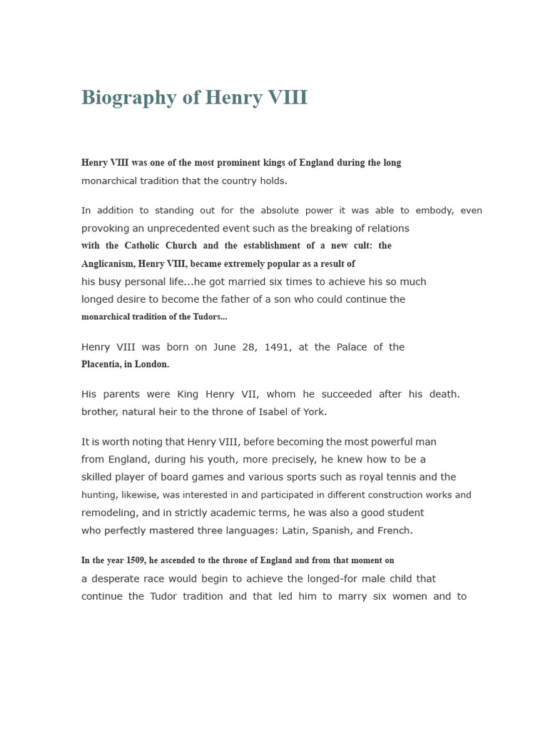biography of Henry VIII | PDF | House Of Tudor