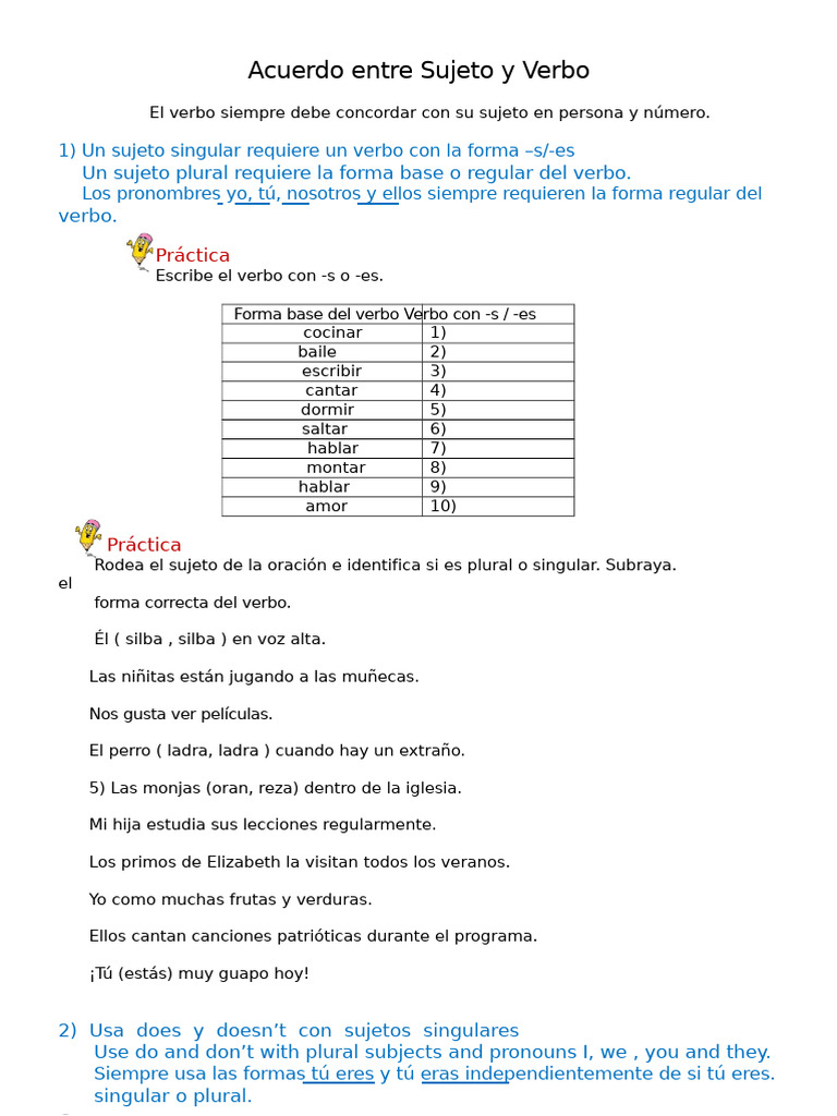 Concordancia entre Sujeto y Verbo | PDF | Verbo | Asunto (gramática)