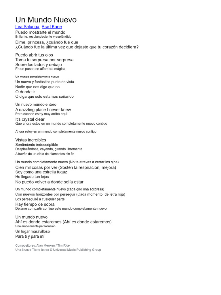 "Un Mundo Nuevo: Letra de la Canción" | PDF
