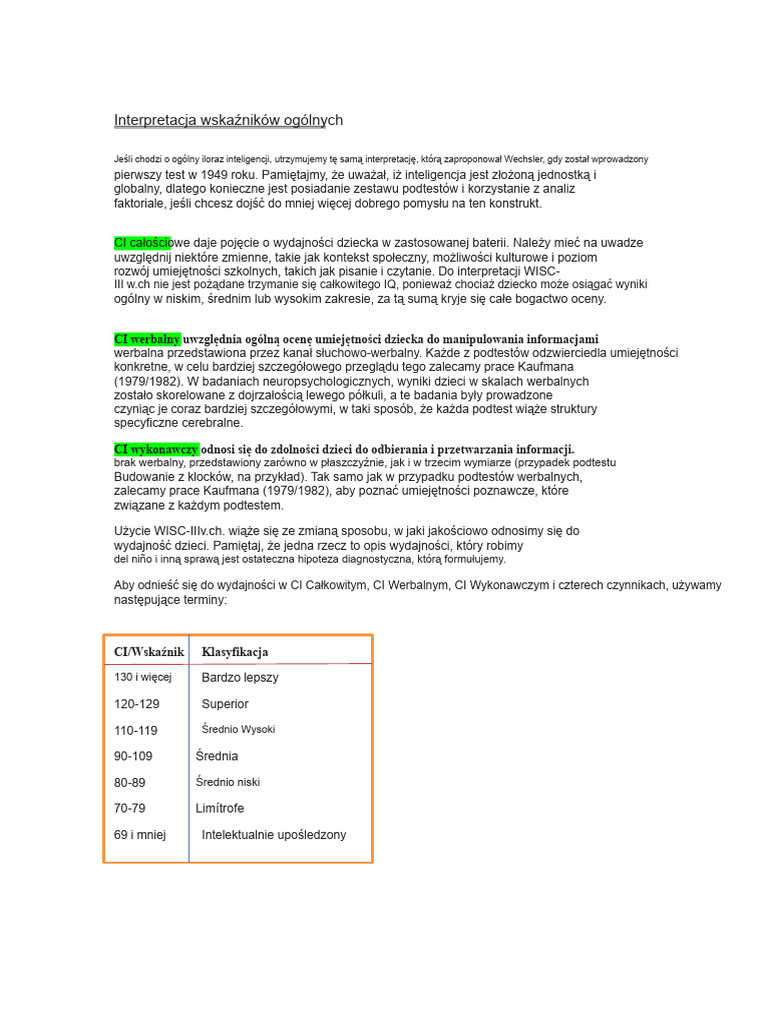 Interpretacja Ogólnych Wskaźników WISC III | PDF
