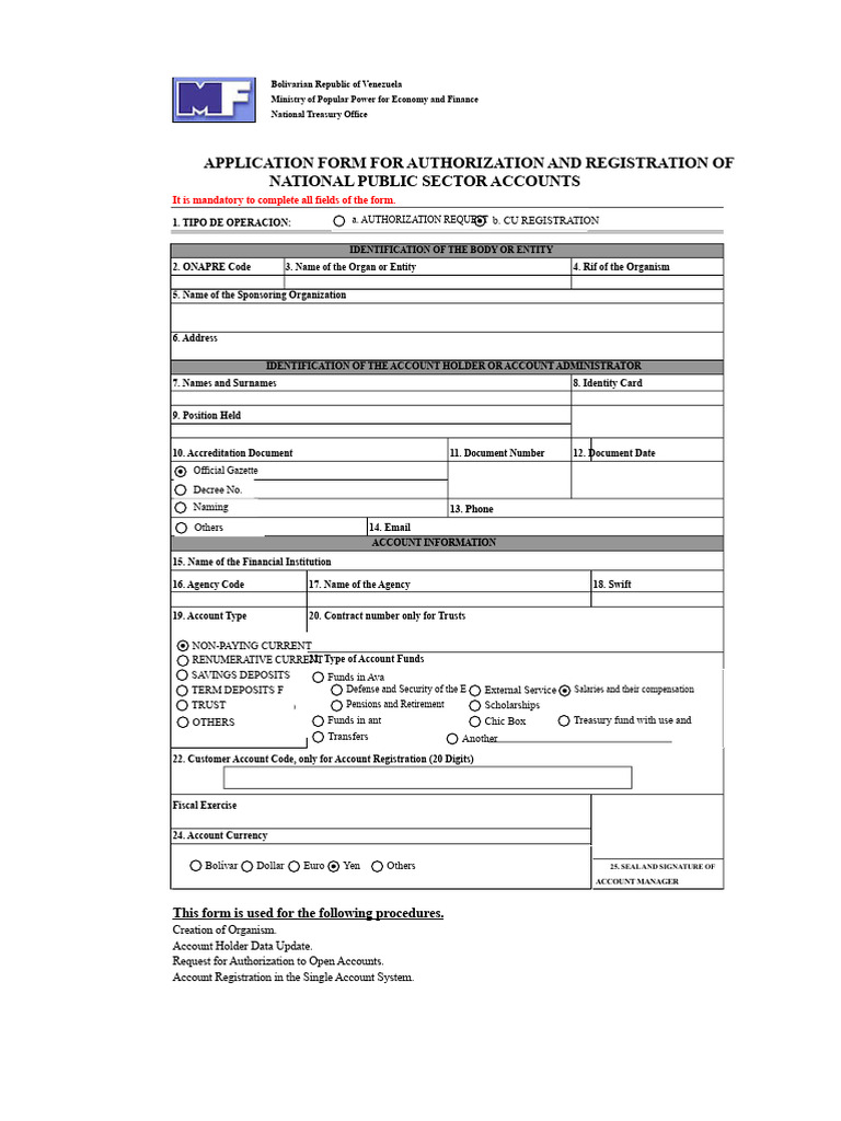 Venezuela Public Sector Account Registration Form | PDF | Identity Document
