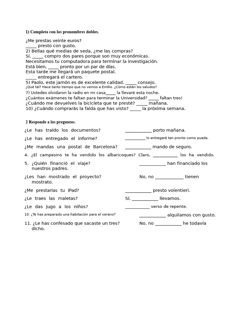 Ejercicios de pronombres en español | PDF