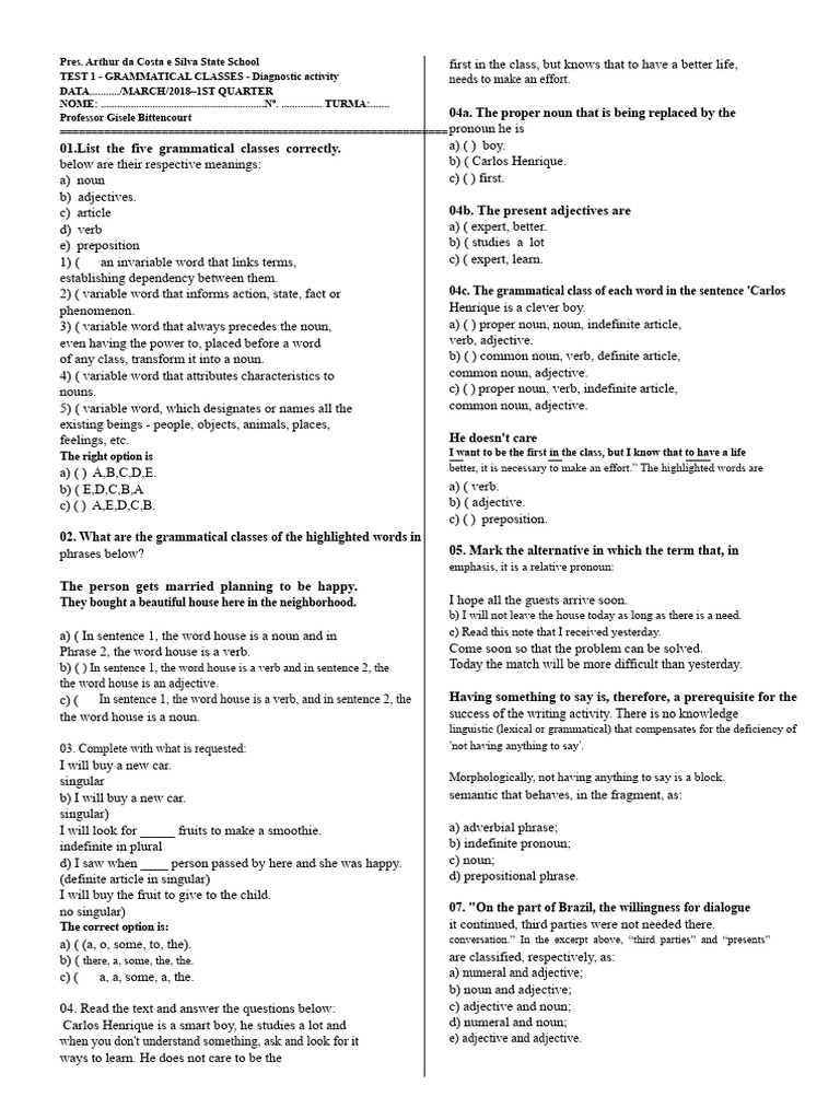 Grammatical Classes Test - March 2018 | PDF | Noun | Grammatical Number