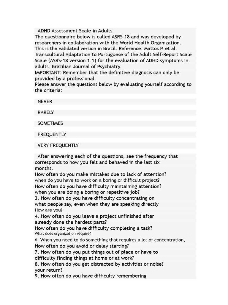 ADHD Evaluation Scale in Adults | PDF | Attention Deficit Hyperactivity ...