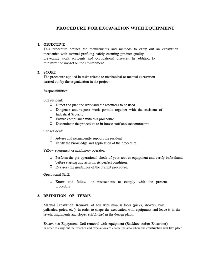 Procedure For Excavation With Equipment | PDF | Trench | Machines