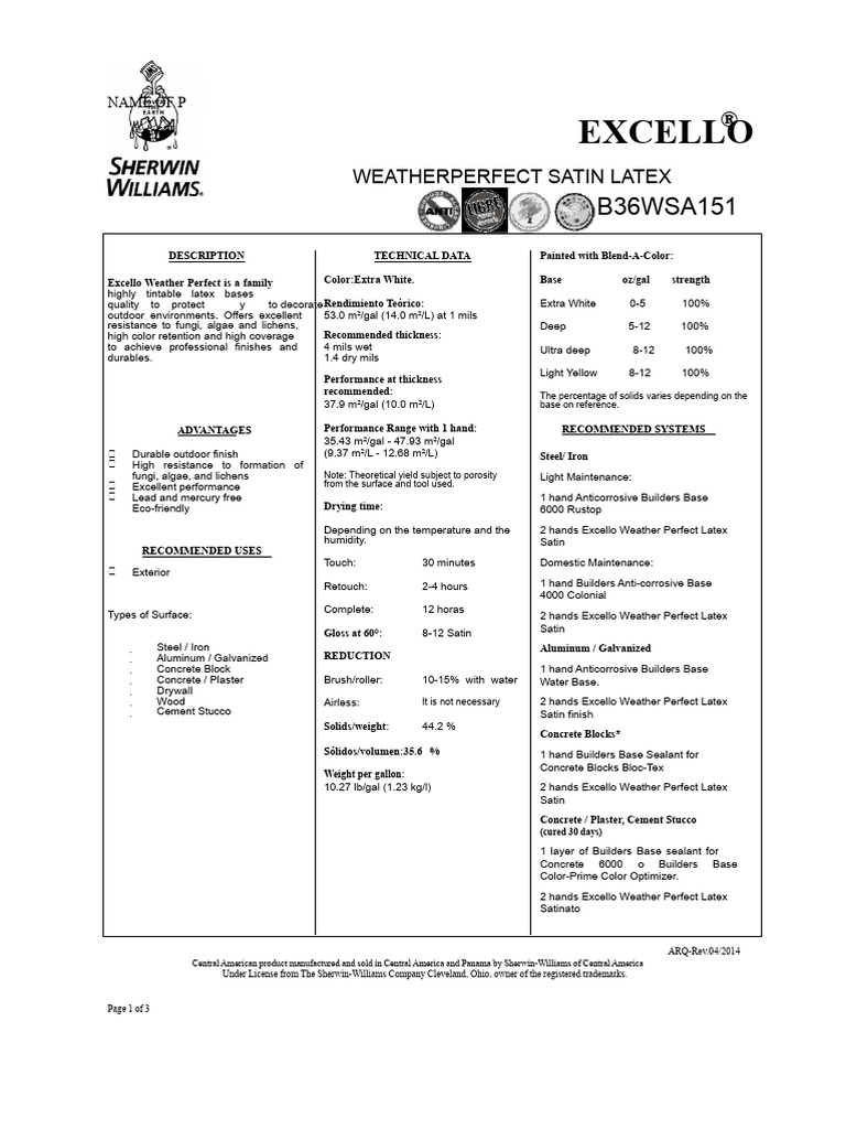 Excello Weather Perfect Satin Latex Extra White Base | PDF | Paint ...
