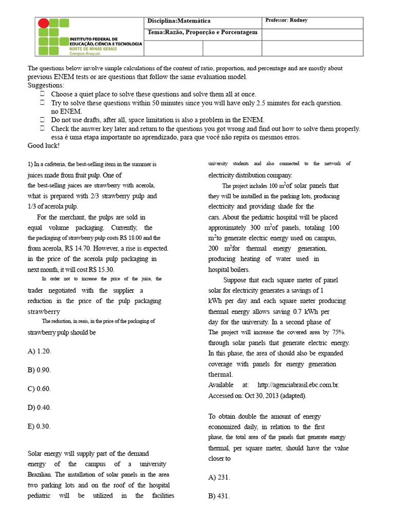 ENEM Math Practice: Ratios & Percentages | PDF | Prices | Dose ...