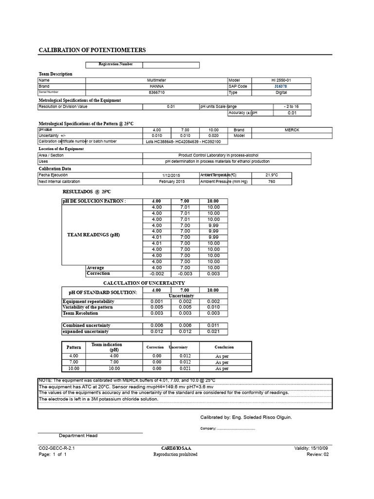 Calibration of Potentiometer HANNA HI 2550 - 316378 | PDF | Calibration ...