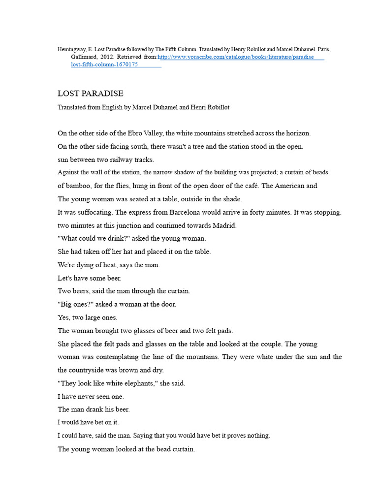 Hemingway's "Lost Paradise" Analysis | PDF