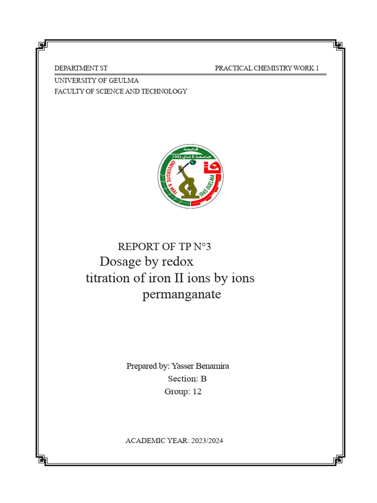 Redox Titration of Iron II with Permanganate | PDF | Titration | Chemistry