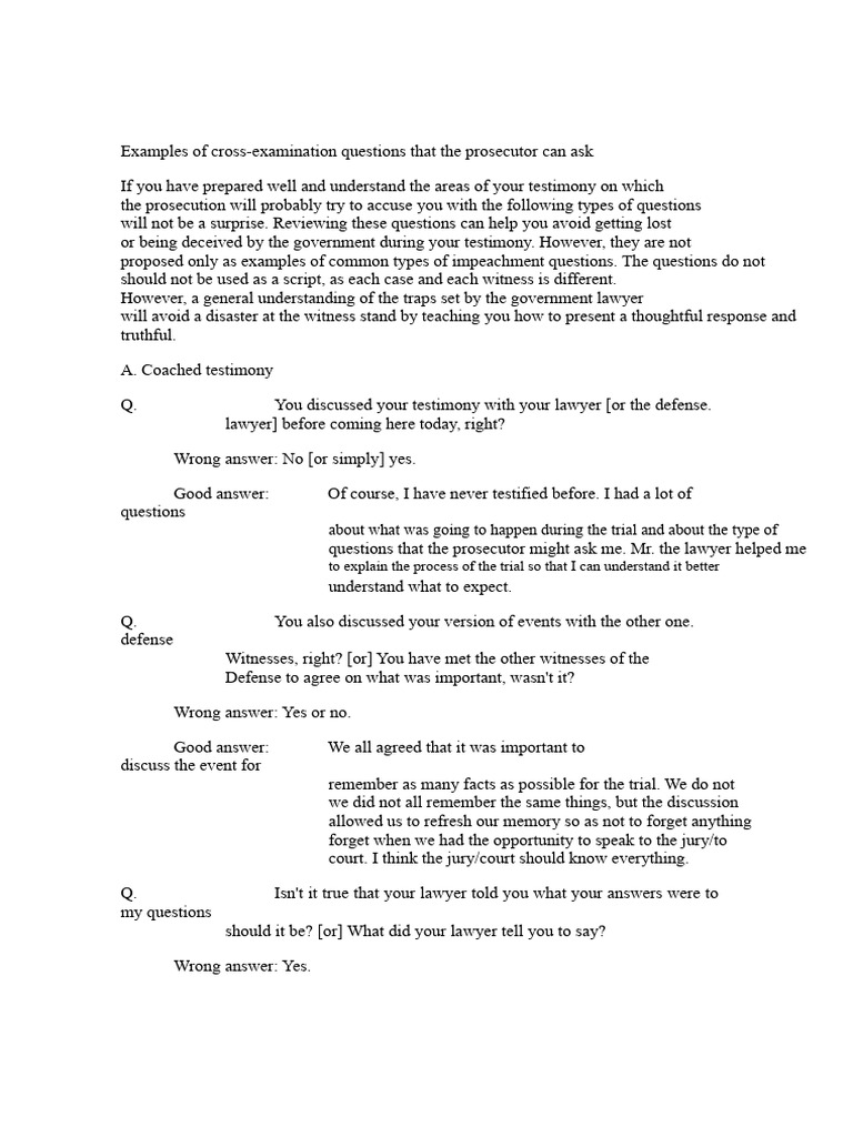 Examples of Cross-Examination Questions | PDF | Witness | Testimony