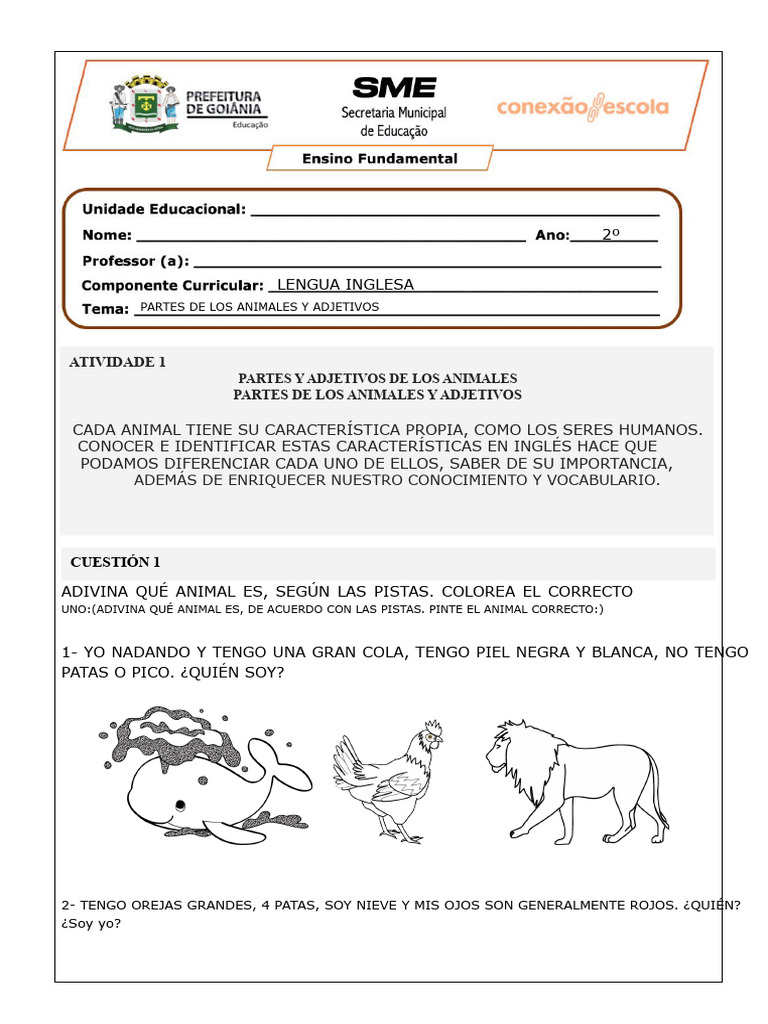 4 - Actividad - Partes de Animales y Adjetivos | PDF