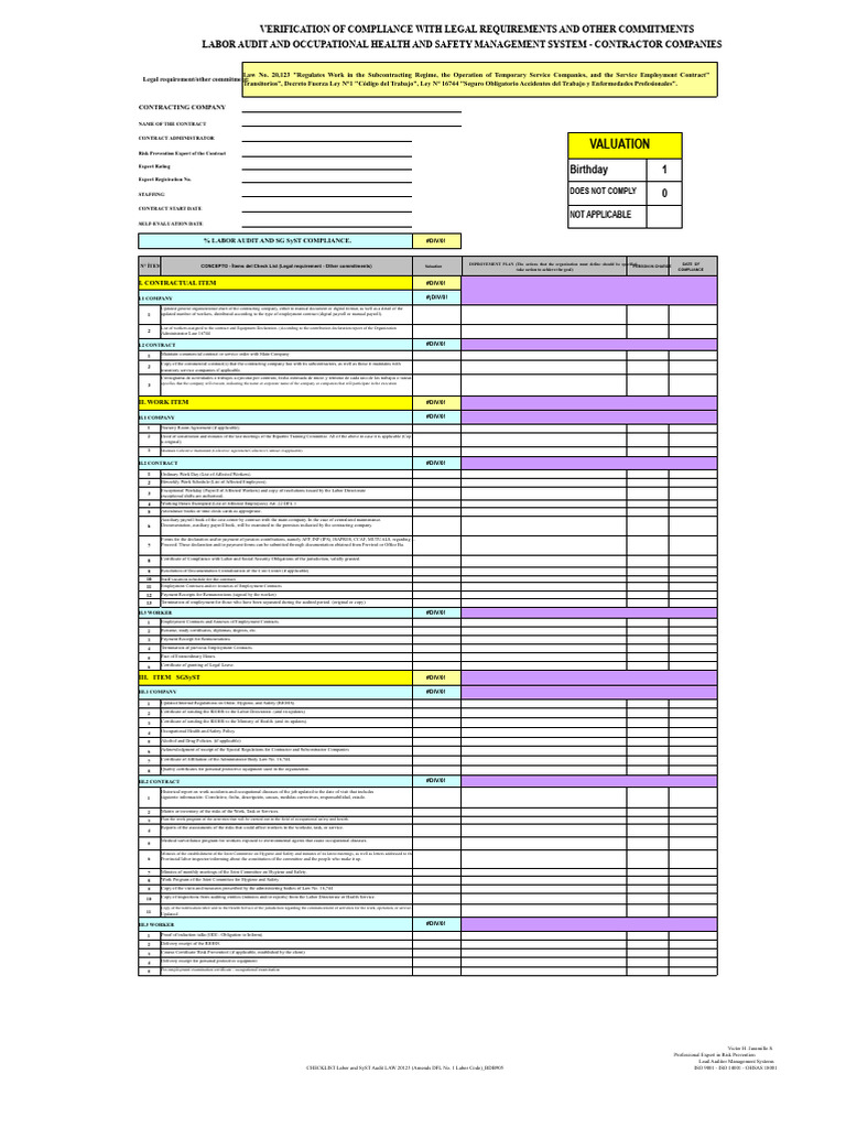 CHECKLIST For Labor and SyST Audit LAW 20123 (Amends DFL No. 1 Labor ...