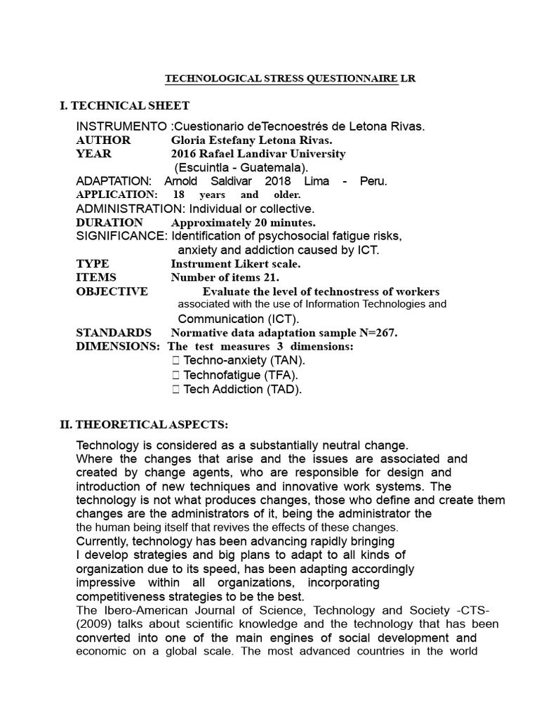 Technological Stress Questionnaire Overview | PDF | Anxiety | Stress ...