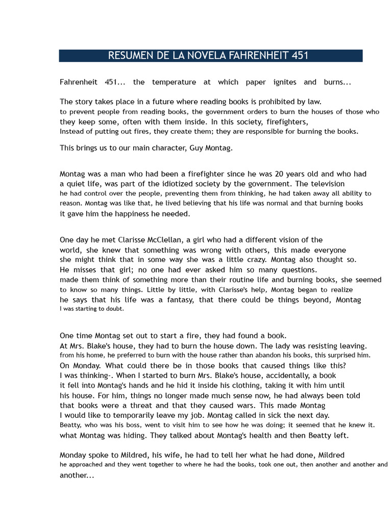 Summary of The Novel Fahrenheit 451 | PDF