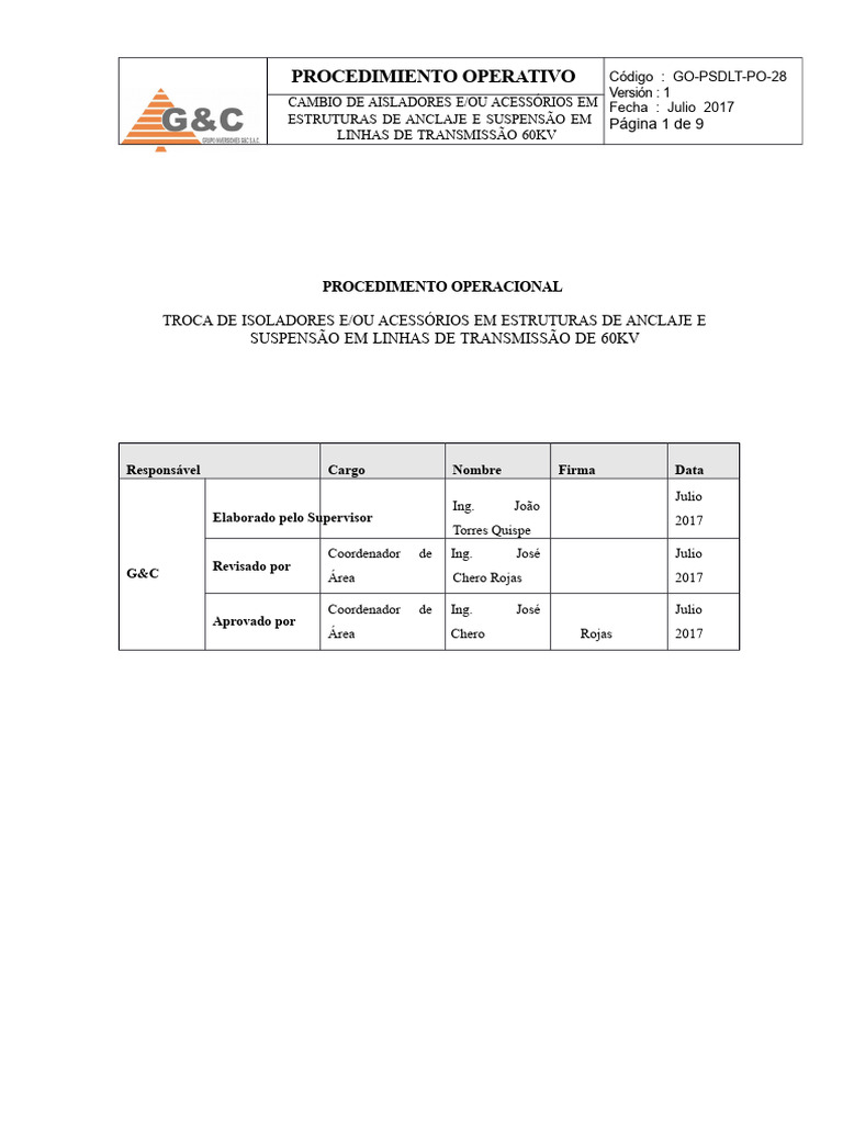 5.procedimento Troca de Isoladores (Julho 2017) | PDF | Transmissão de ...