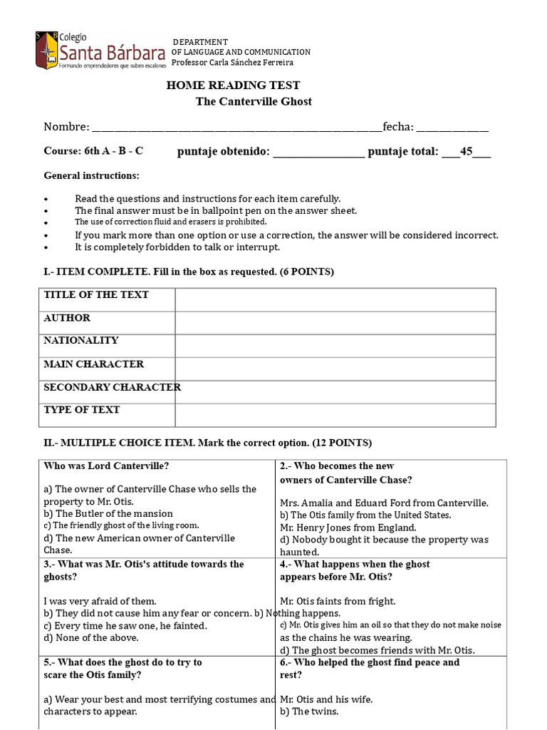 Test The Canterville Ghost | PDF