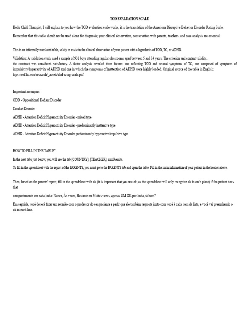Tod Evaluation Scale | PDF | Attention Deficit Hyperactivity Disorder ...