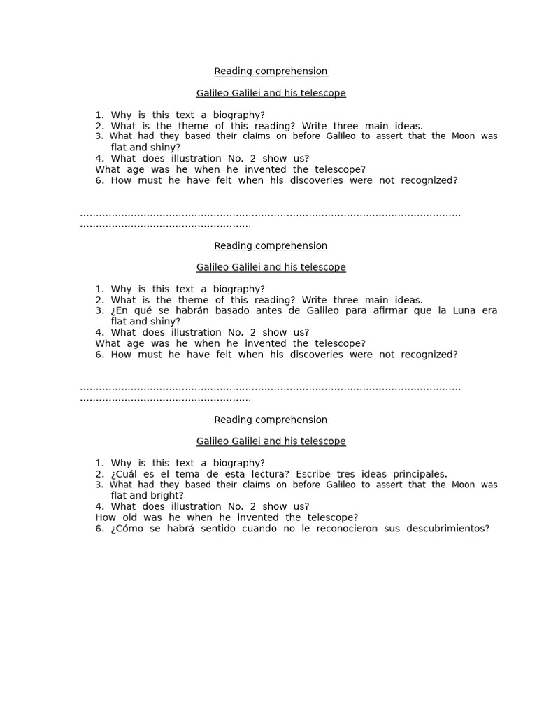 Reading Comprehension Galileo Galilei | PDF