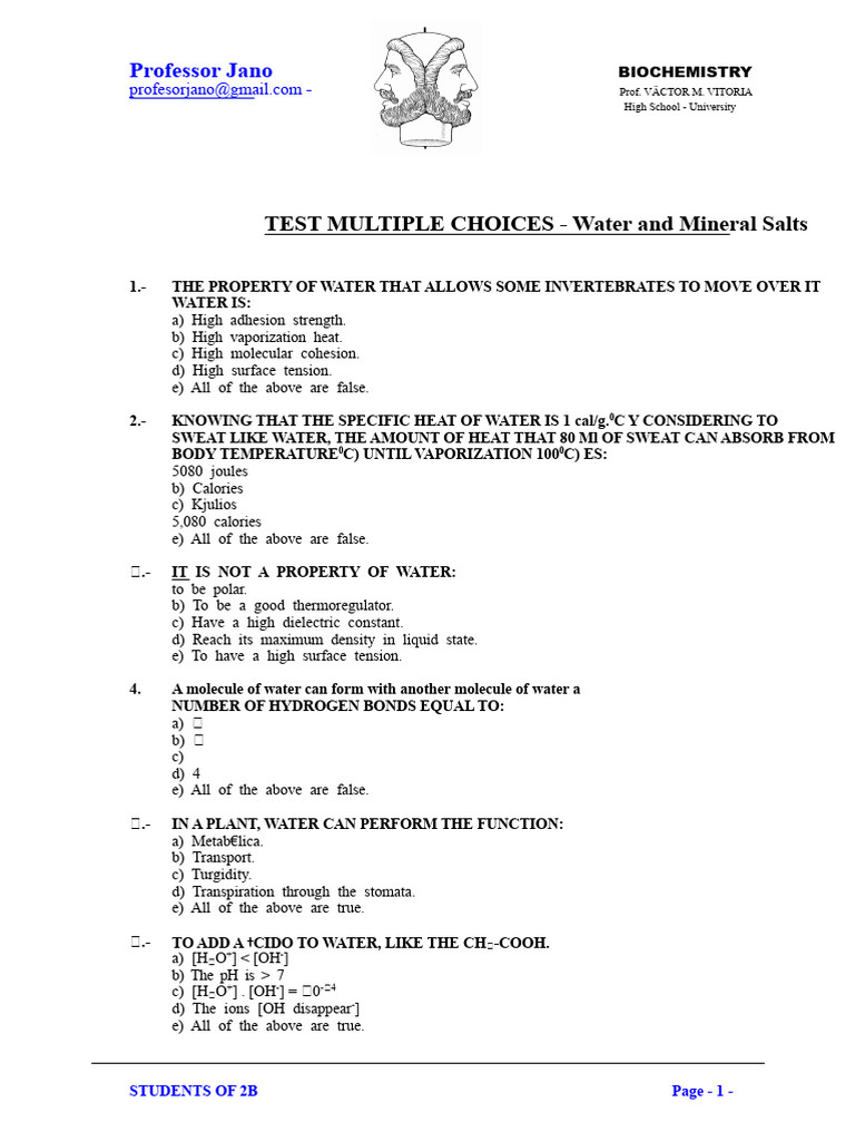 Water and Mineral Salts Quiz | PDF | Properties Of Water | Water