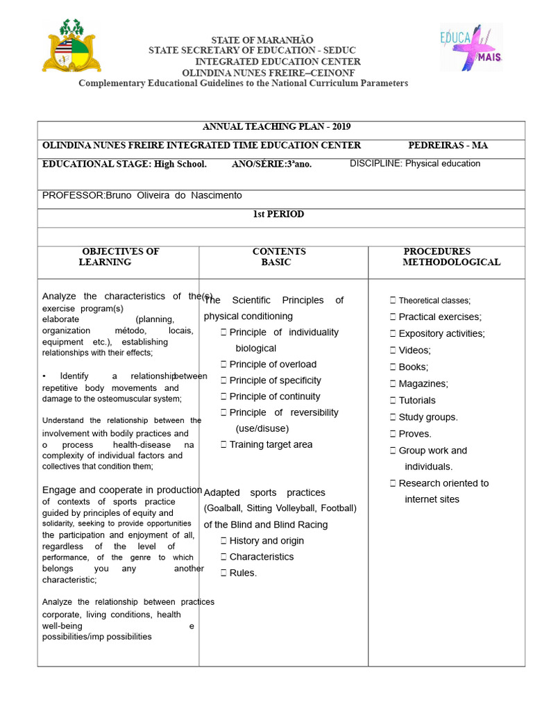 Annual Physical Education Plan - Teacher Bruno - 3rd Year 2019 | PDF