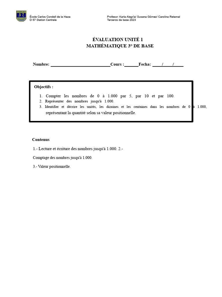 Évaluation Mathématique 3° de Base 2023 | PDF | Nombre | Mathématiques