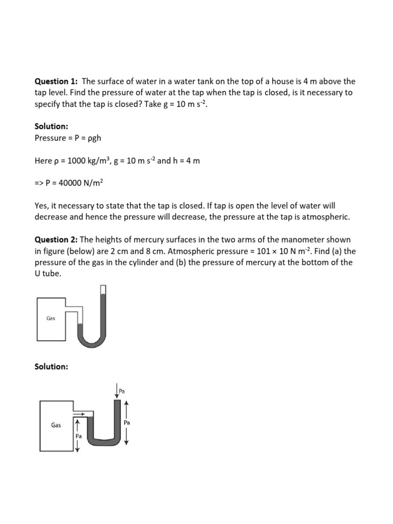 Fluid Mechanics Exercise Solutions | PDF | Buoyancy | Pressure