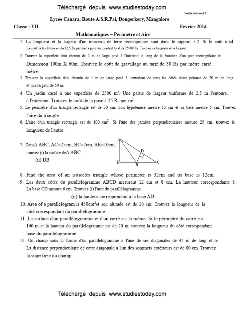 Exercices sur le périmètre et l'aire | PDF | Zone | Géométrie