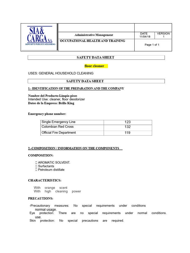 Floor Cleaner Safety Data Sheet | PDF | Water | Personal Protective ...