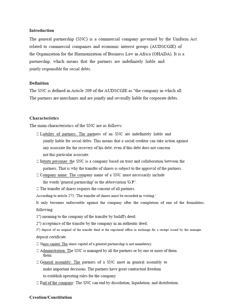 Presentation SNC Company Law | PDF | Partnership | General Partnership