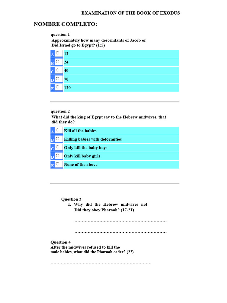 Exam of the Book of Exodus | PDF | Book Of Exodus | Moses