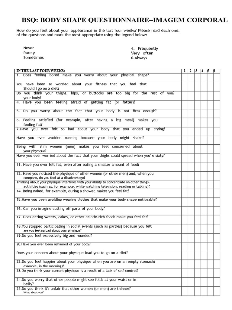 Body Image Questionnaire - BSQ | PDF | Body Image | Human Body