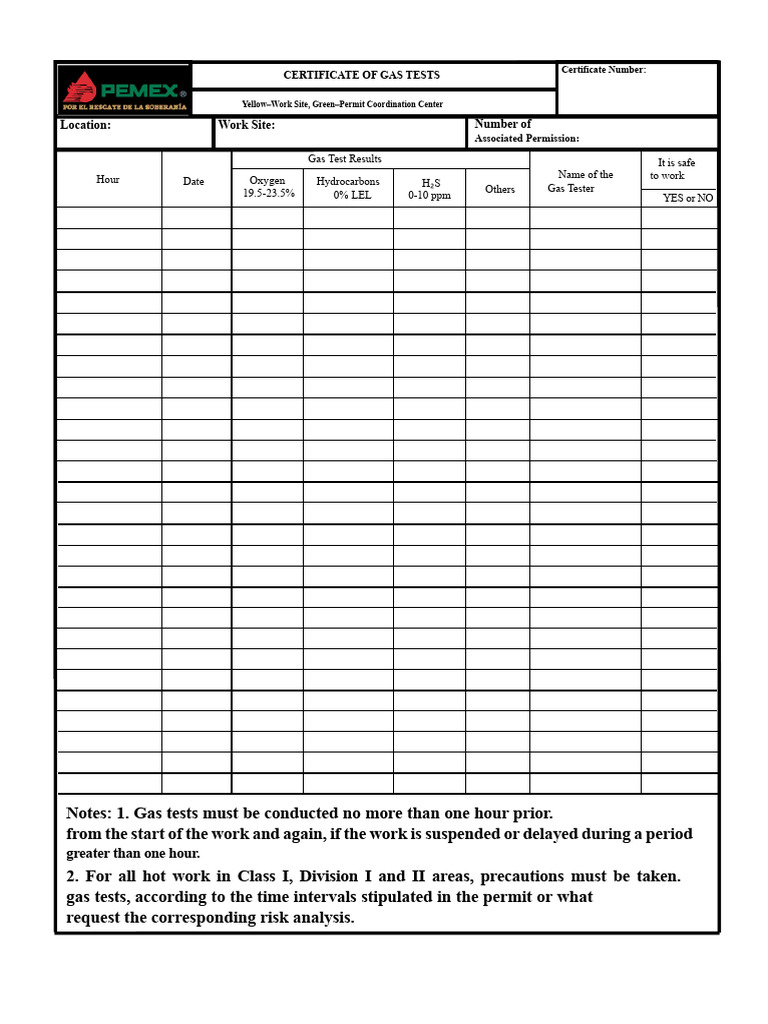 Gas Test Certificate and Safety Record | PDF | Occupational Safety And ...