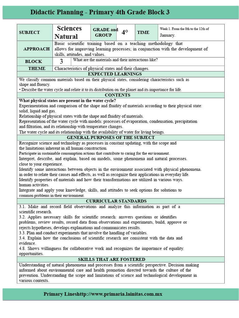 4th Grade Plan - Block 3 Natural Sciences (2017-2018) | PDF ...