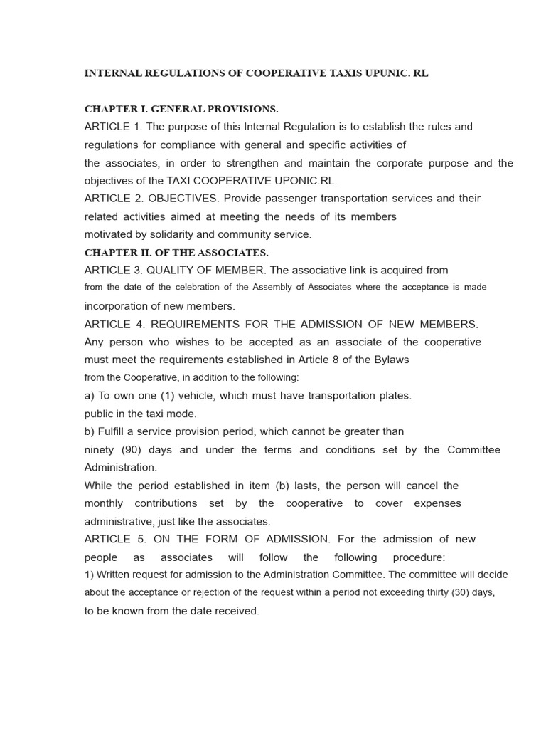 Internal Regulations for Taxi Cooperative | PDF | Cooperative ...
