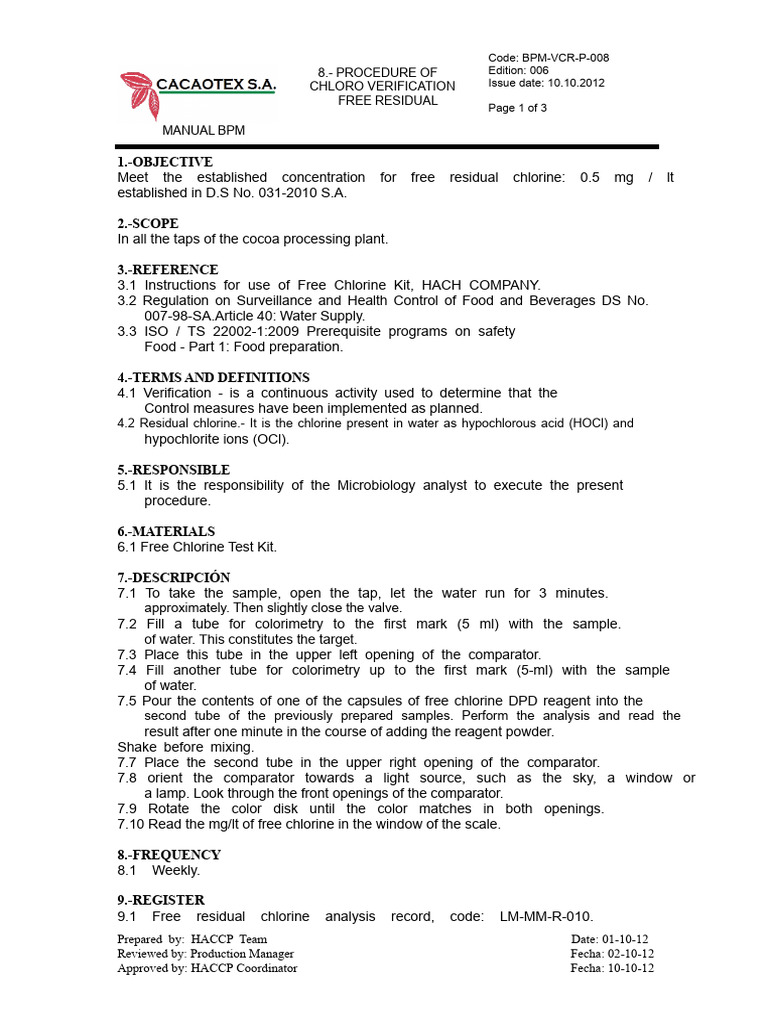 8 Procedure For Verification of Free Residual Chlorine | PDF | Chlorine ...