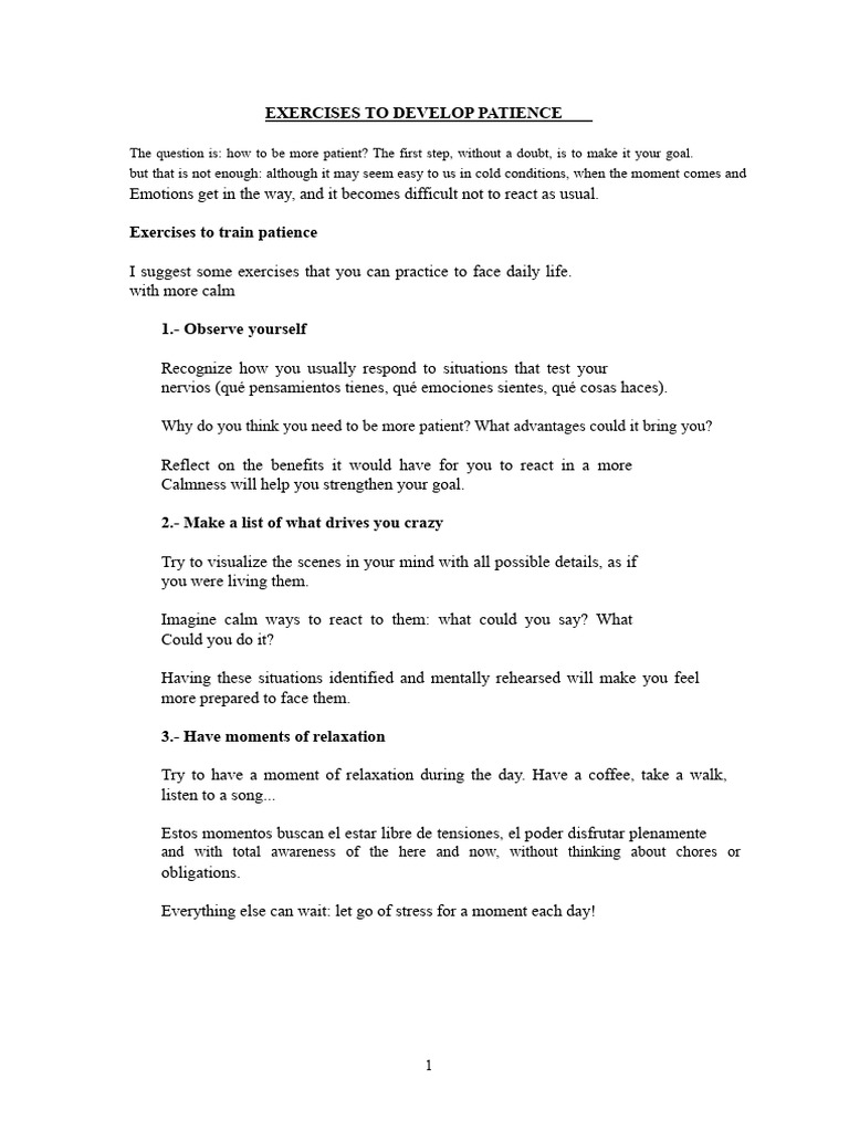 Exercises To Develop Patience | PDF | Relaxation (Psychology) | Mind